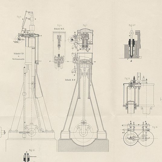 Schnittansichten des Dieselmotors.